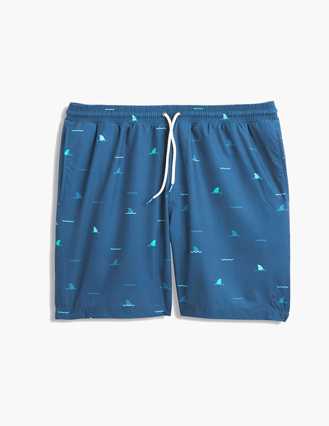 Men's Deep Ends Blue Printed Stretch Swim Trunks with Liner | Mugsy